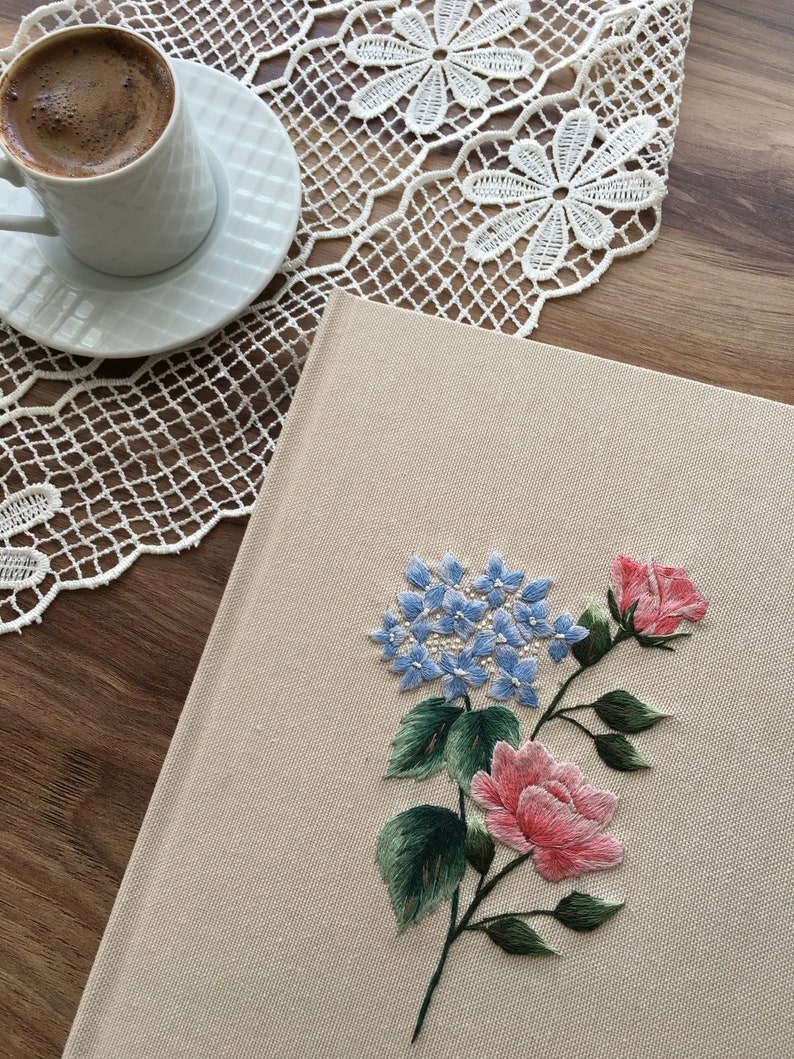 Embroidered Notebook With the Hydrangea and Pink Rose, Book ...