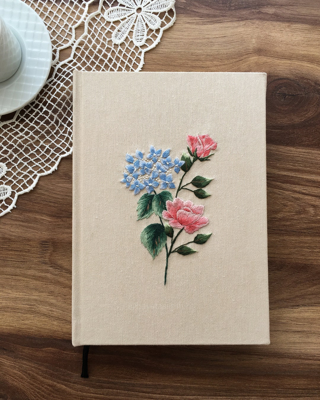 Embroidered Notebook With the Hydrangea and Pink Rose, Book ...