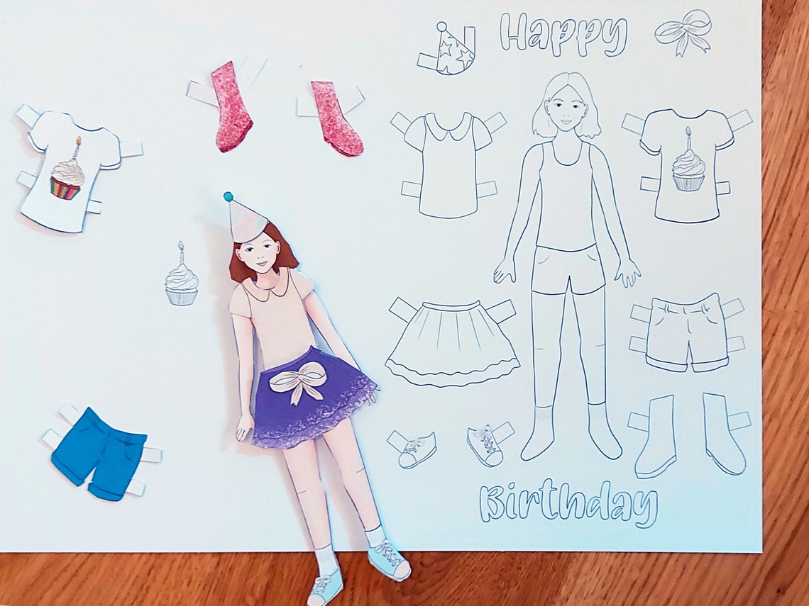 Paper Doll Printable Birthday Card With Outline Card for - Etsy
