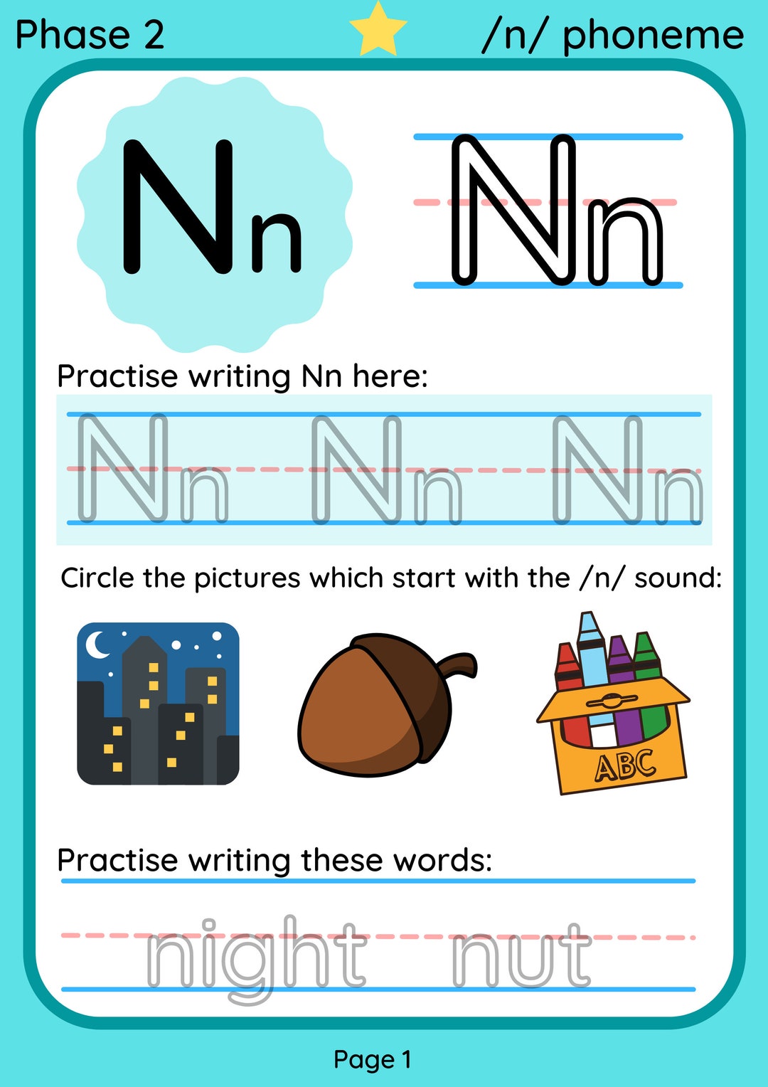 Hoja de trabajo de fonética digital imprimible Letra N /n/ - Etsy España