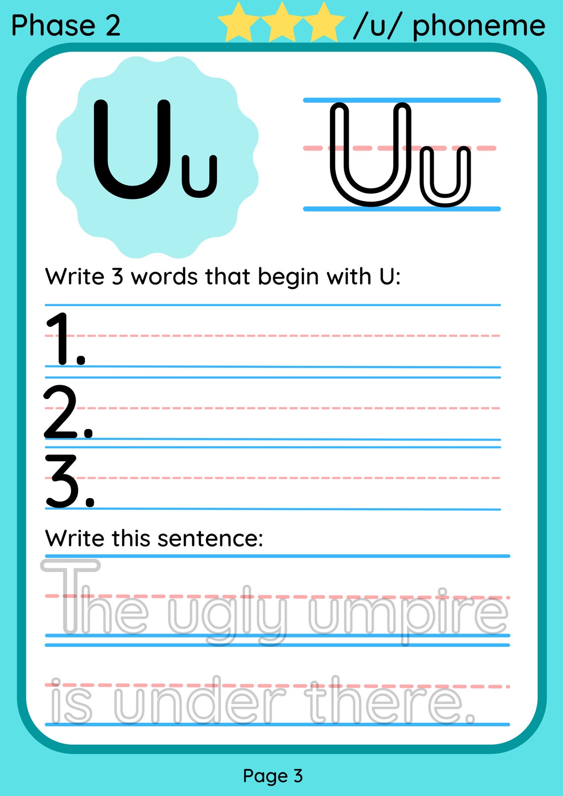 Printable Digital Phonics Worksheet Letter U /u/ Phoneme - Etsy