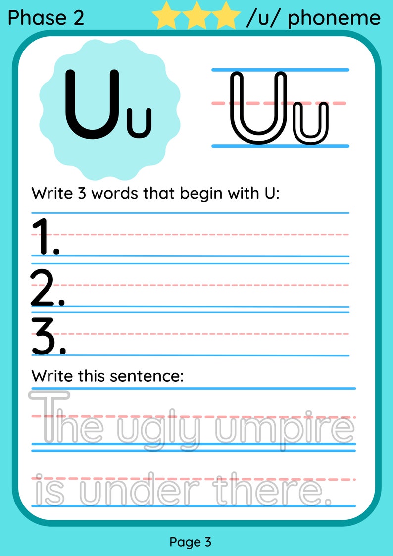 Printable Digital Phonics Worksheet Letter U /u/ Phoneme - Etsy