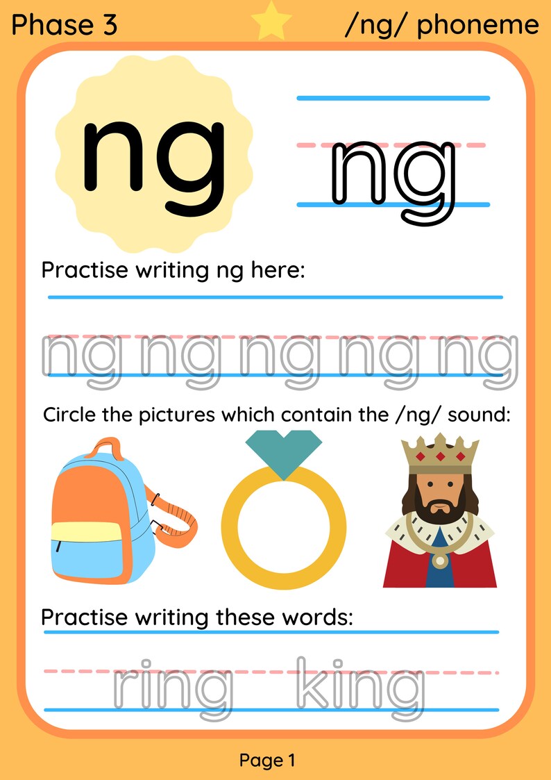 Printable Digital Phonics Worksheet Ng Digraph /ng/ - Etsy UK