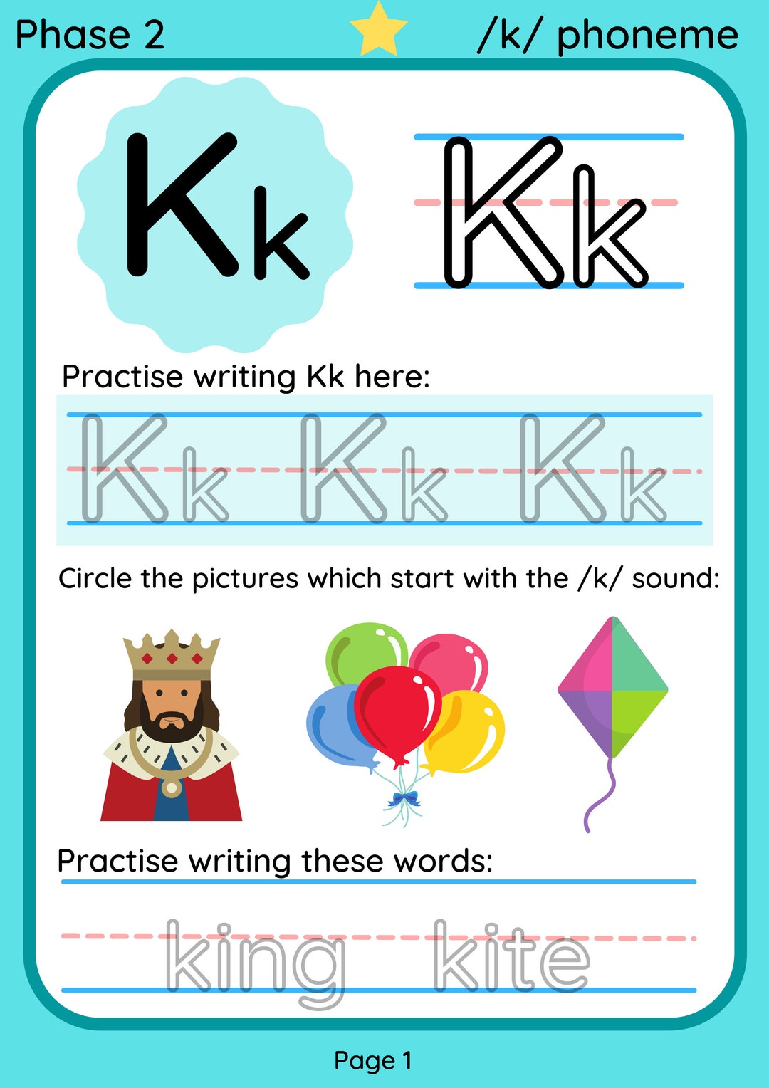 Printable Digital Phonics Worksheet Letter K /k/ Phoneme - Etsy