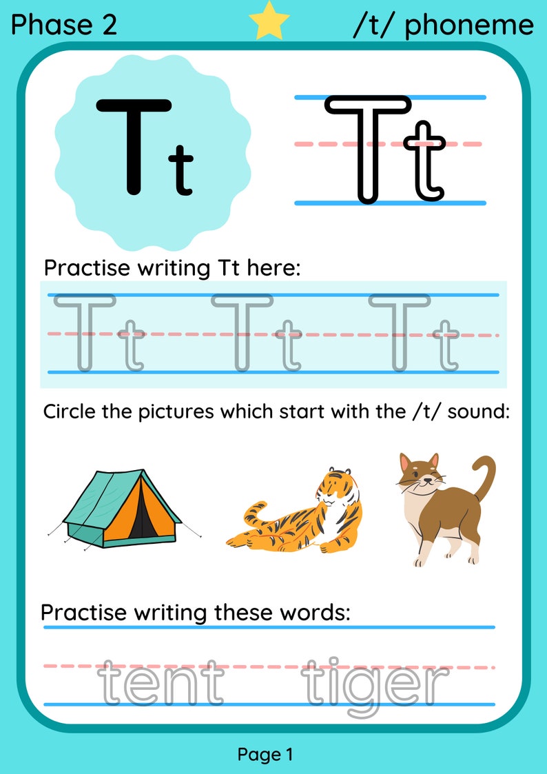 Printable Digital Phonics Worksheet Letter T /t/ Phoneme - Etsy