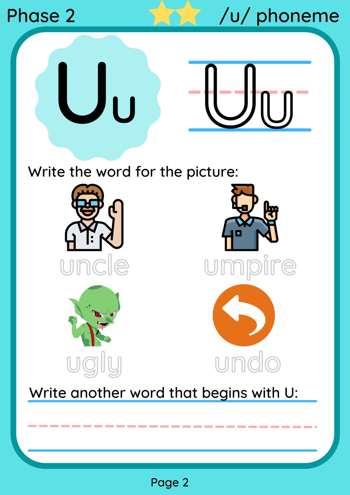 Printable Digital Phonics Worksheet Letter U /u/ Phoneme - Etsy
