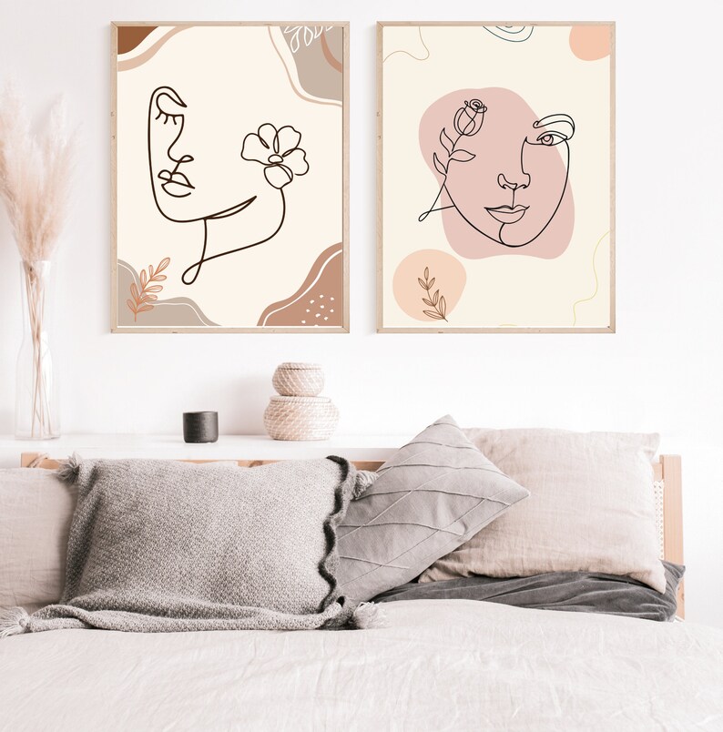 Set of 2 Minimalist Line Female Classic Face, Abstract Digital Design ...