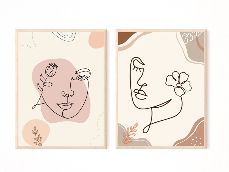 Set of 2 Minimalist Line Female Classic Face, Abstract Digital Design ...