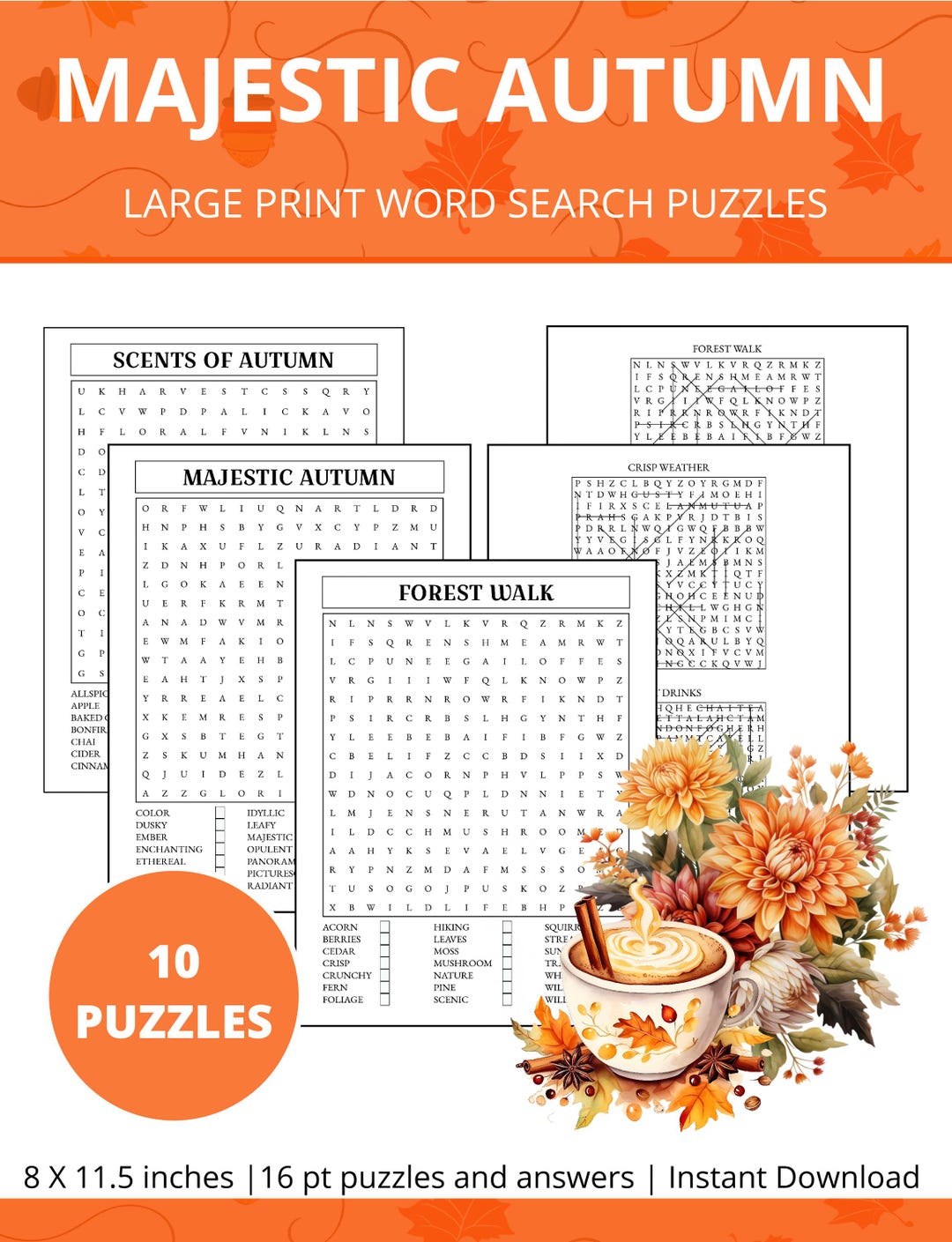 Autumn Word Searches 10 Puzzles Large Print Instant Download Printable ...