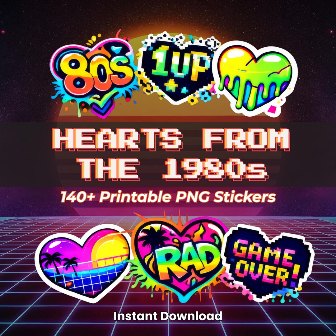 Retro 80s Heart PNG Bundle – Neon Arcade Stickers (digital Download) - Etsy