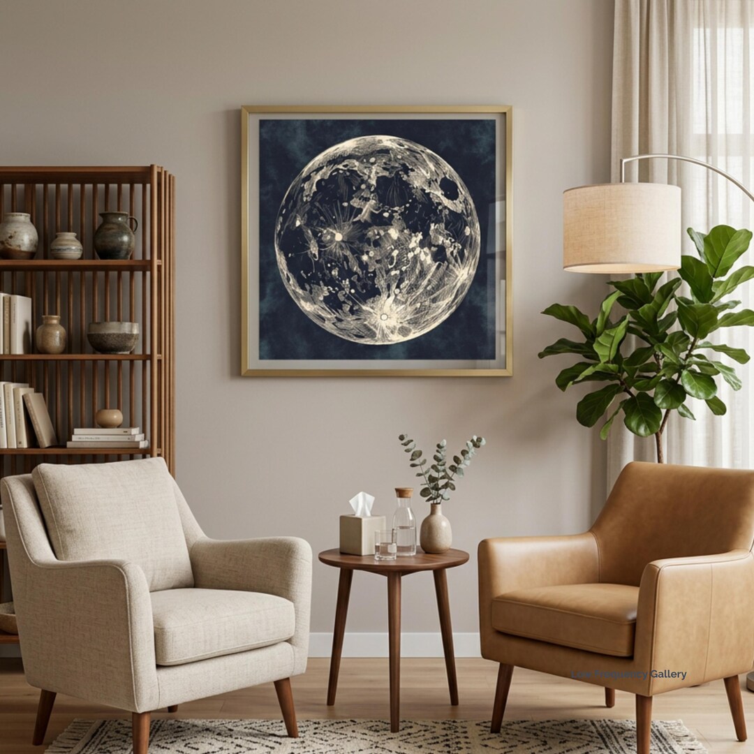 Japandi Moon Print | Navy Blue Celestial Lunar Etching | Minimalist ...