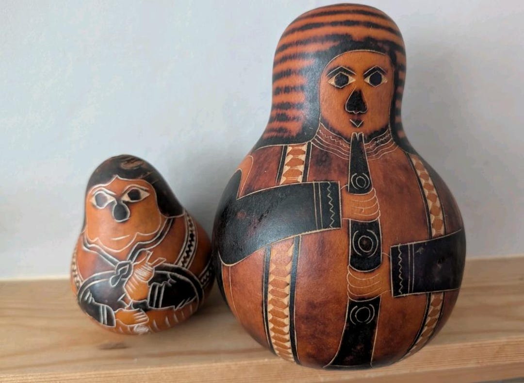 Gourd Hand Carved Peruvian Couple Carving Folk Art Seed Rattle Huancayo ...