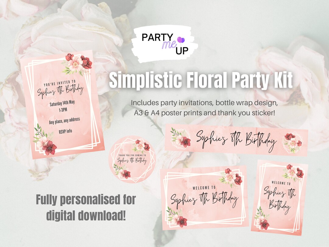 Simplistic Floral Printable Party Pack Digital Invitation, Digital ...