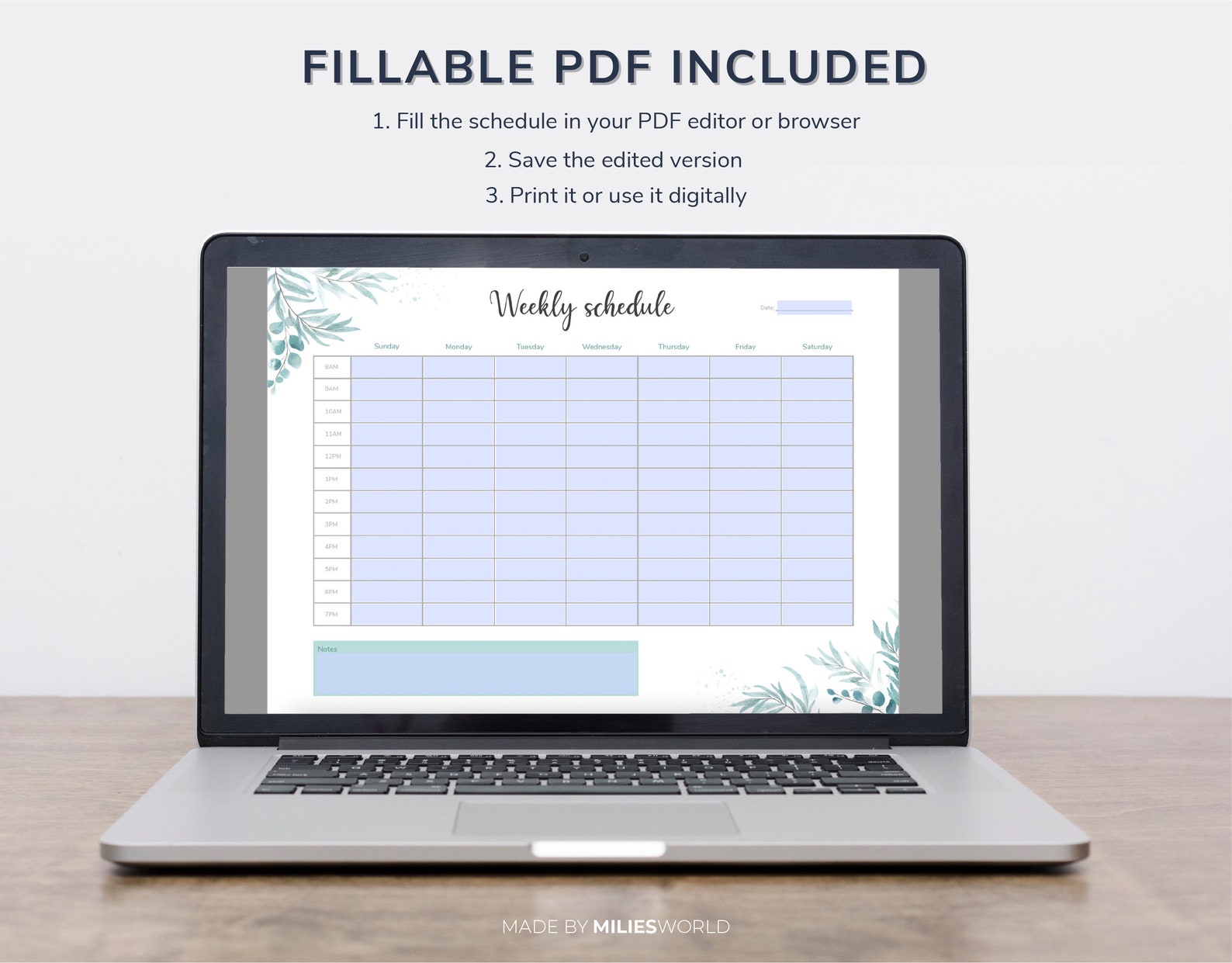 Botanical Hourly Weekly Schedule Landscape Weekly Planner - Etsy