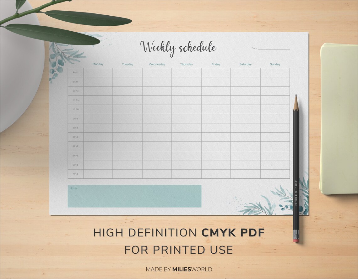 Botanical Hourly Weekly Schedule Landscape Weekly Planner - Etsy