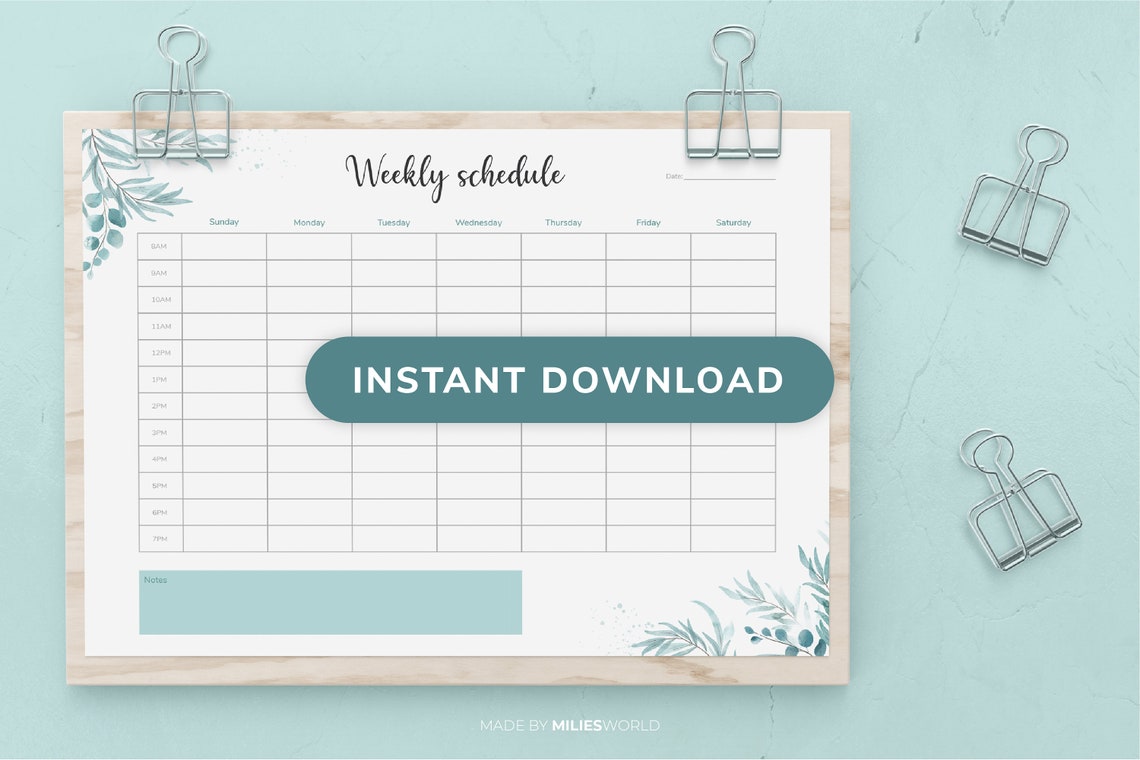 Botanical Hourly Weekly Schedule Landscape Weekly Planner - Etsy