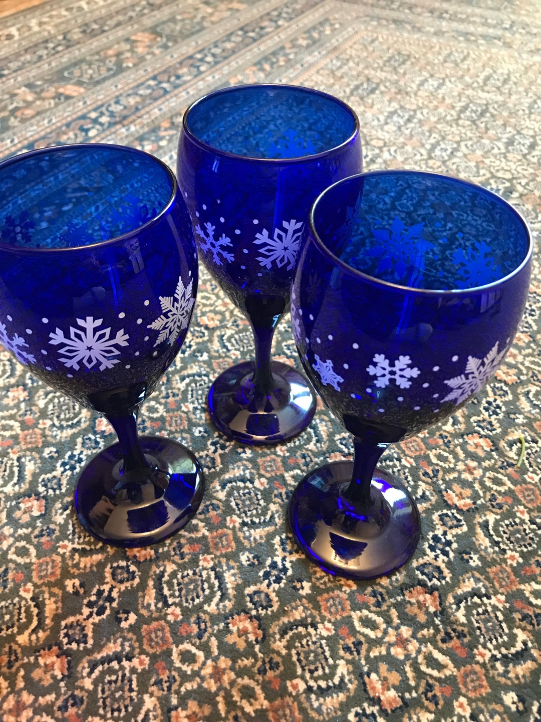 Vintage Libbey Cobalt Blue Snowflake Premiere Wine Glasses 7 1/4 Tall ...