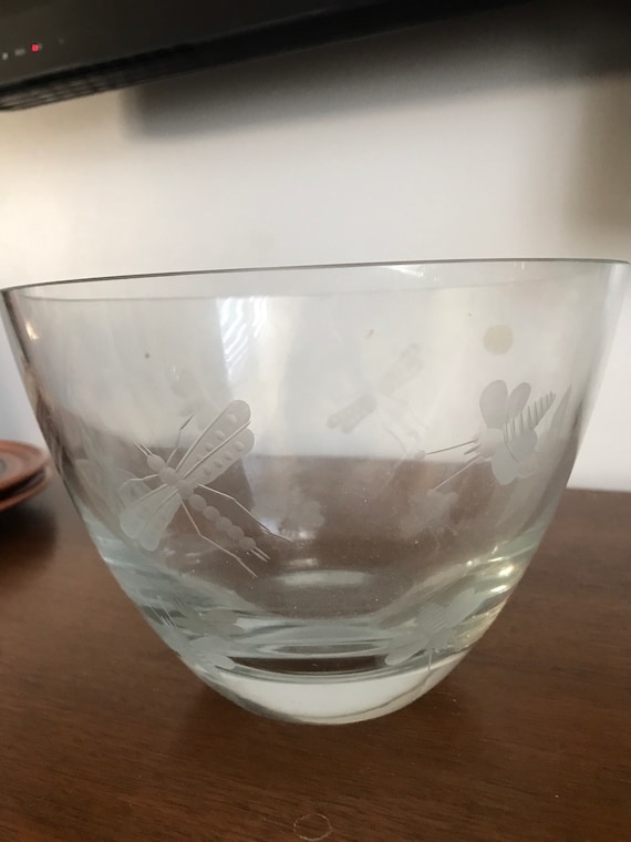 Abbott Collection Glass Salad Bowl With Etched Insects Design - Etsy