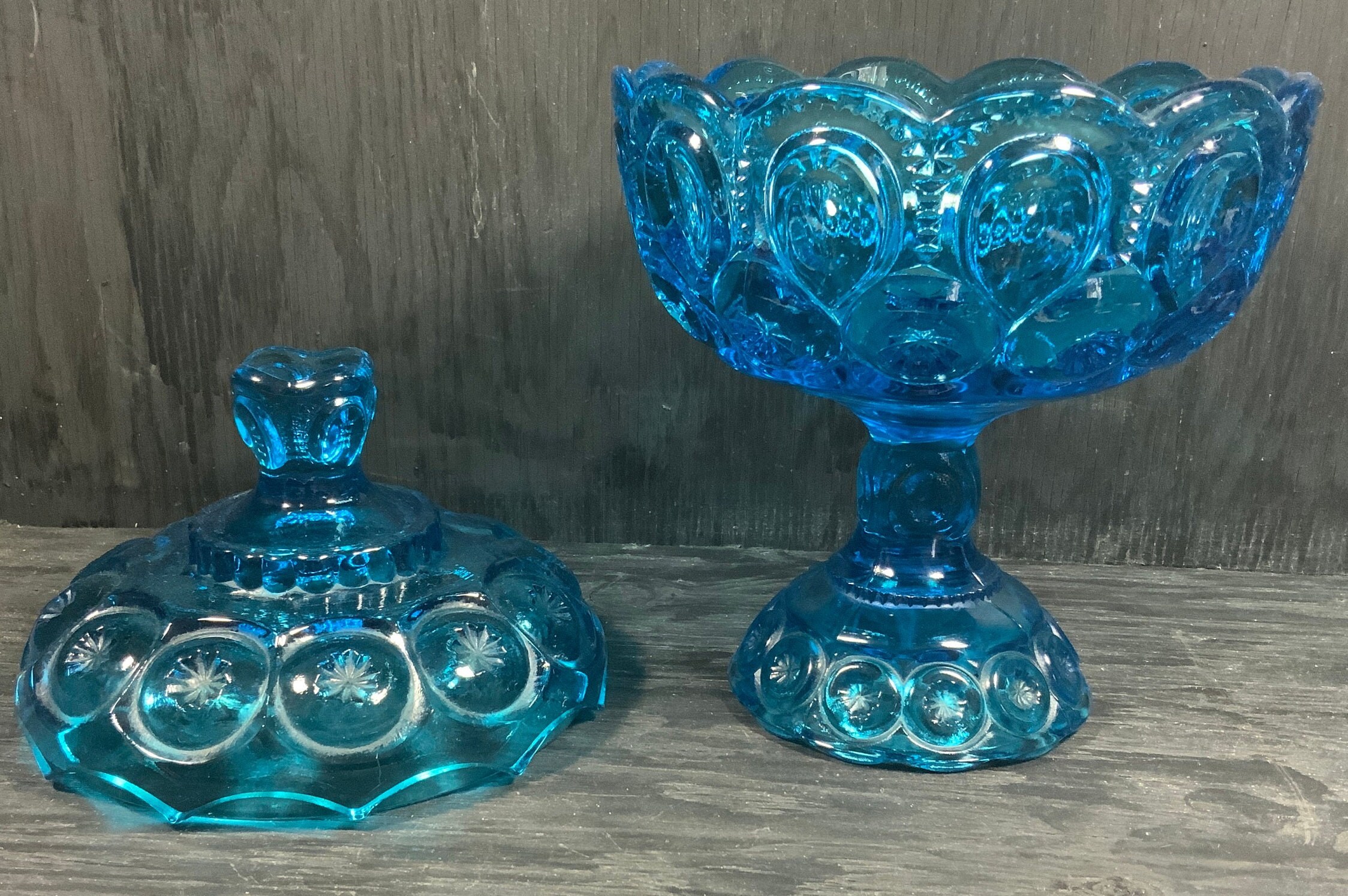 Vintage L.E. Smith Blue Glass Moon and Stars Compote Bowl Candy Dish - Etsy