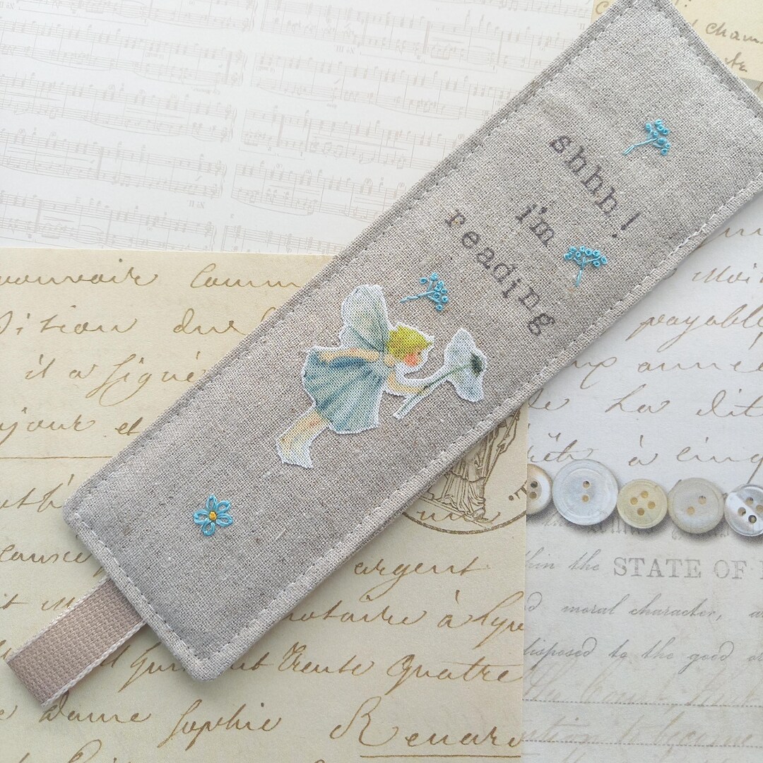 Handmade Linen Bookmark, Shhh I'm Reading, Embroidered Flower Fairy ...
