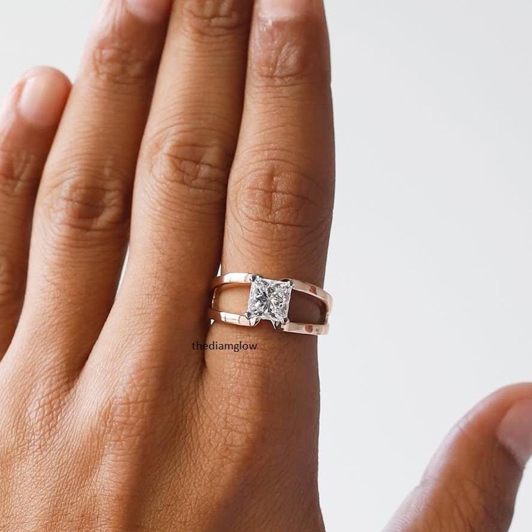 Tension Set Princess and Round Cut Moissanite Diamond Ring, Bypass ...