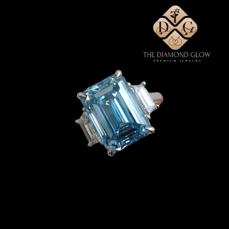 5 Ct Fancy Intense Blue Color Emerald Cut Lab Grown Diamond/ 14 K Solid ...