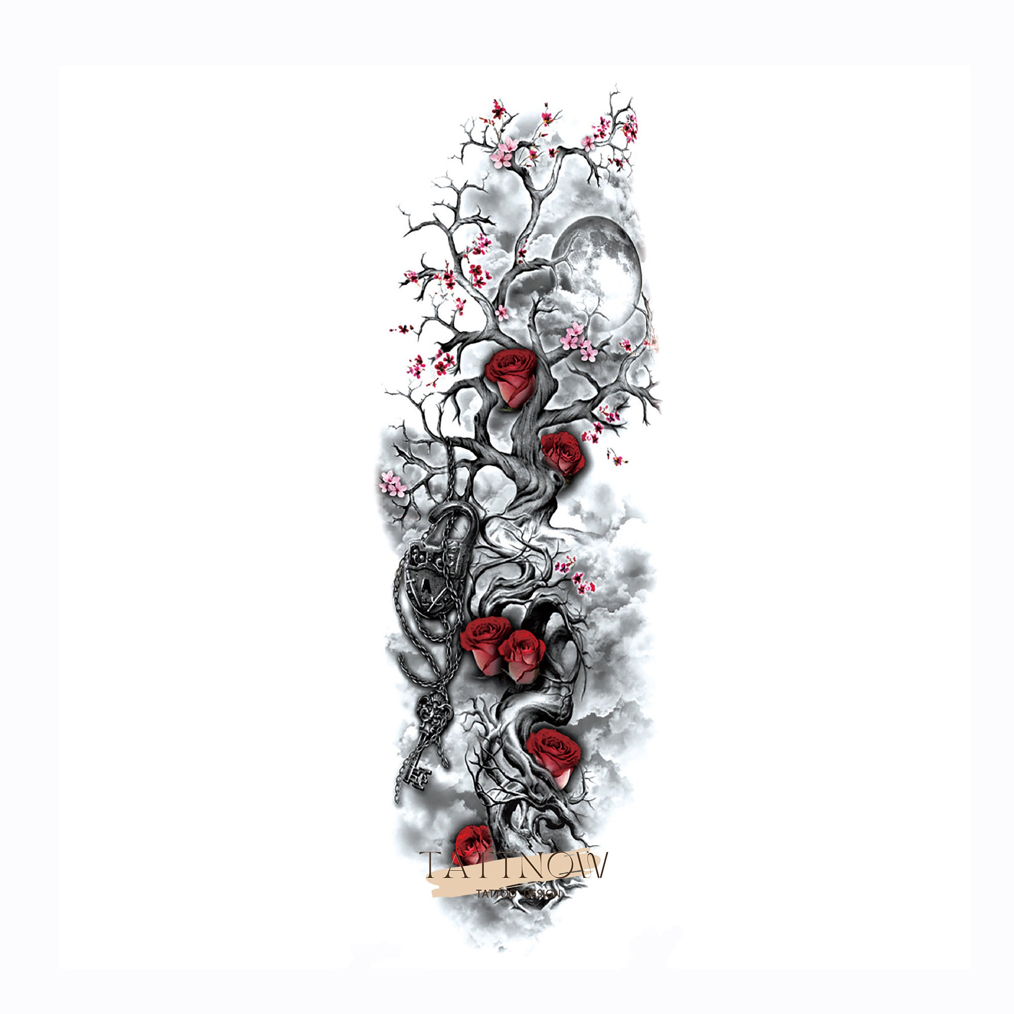 Flower Tree Large Temporary Tattoo | Rose Moon Sleeves Temporary Tattoo ...