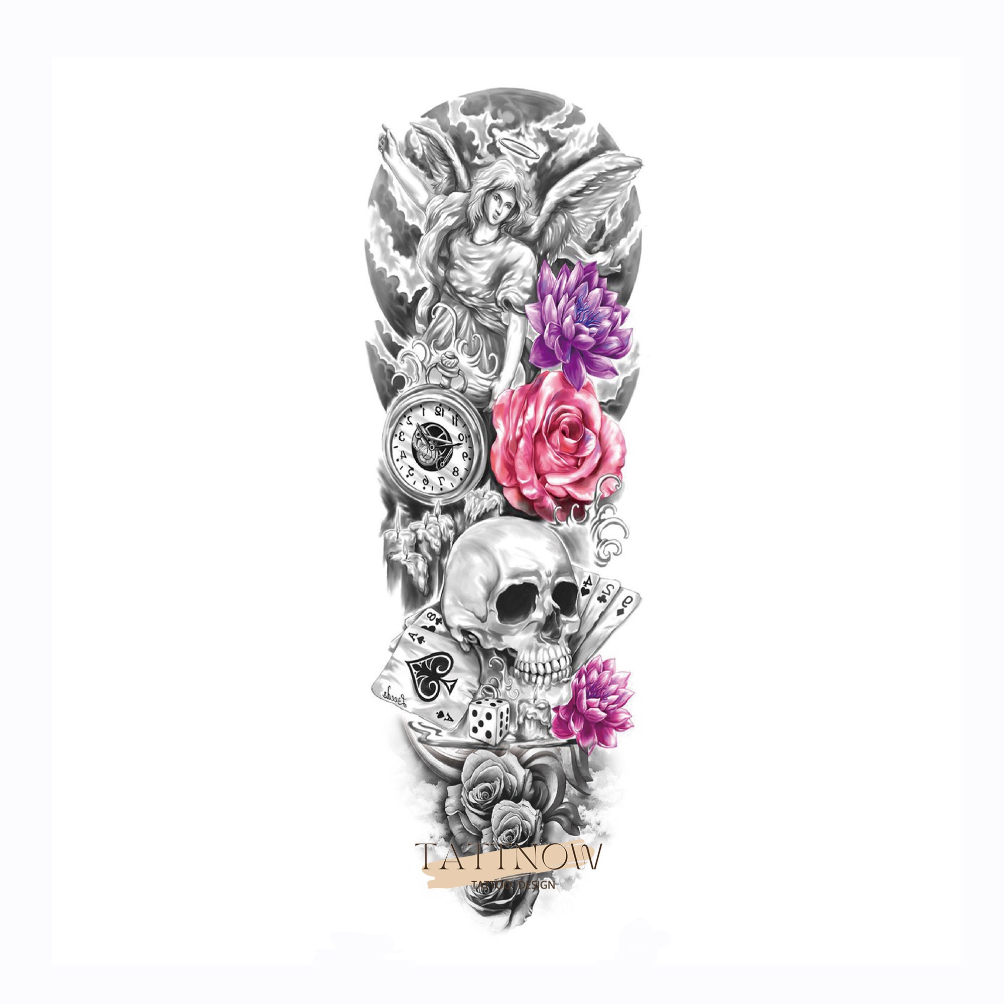 Angle Skull Temporary Tattoo | Red Rose Clock Full Sleeves Temporary ...