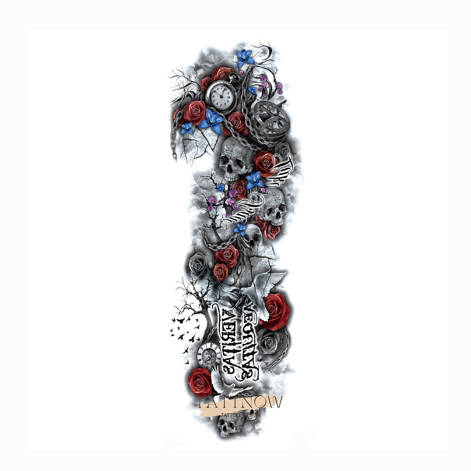 Skull Rose Large Temporary Tattoo | Clock Skull Sleeves Temporary ...