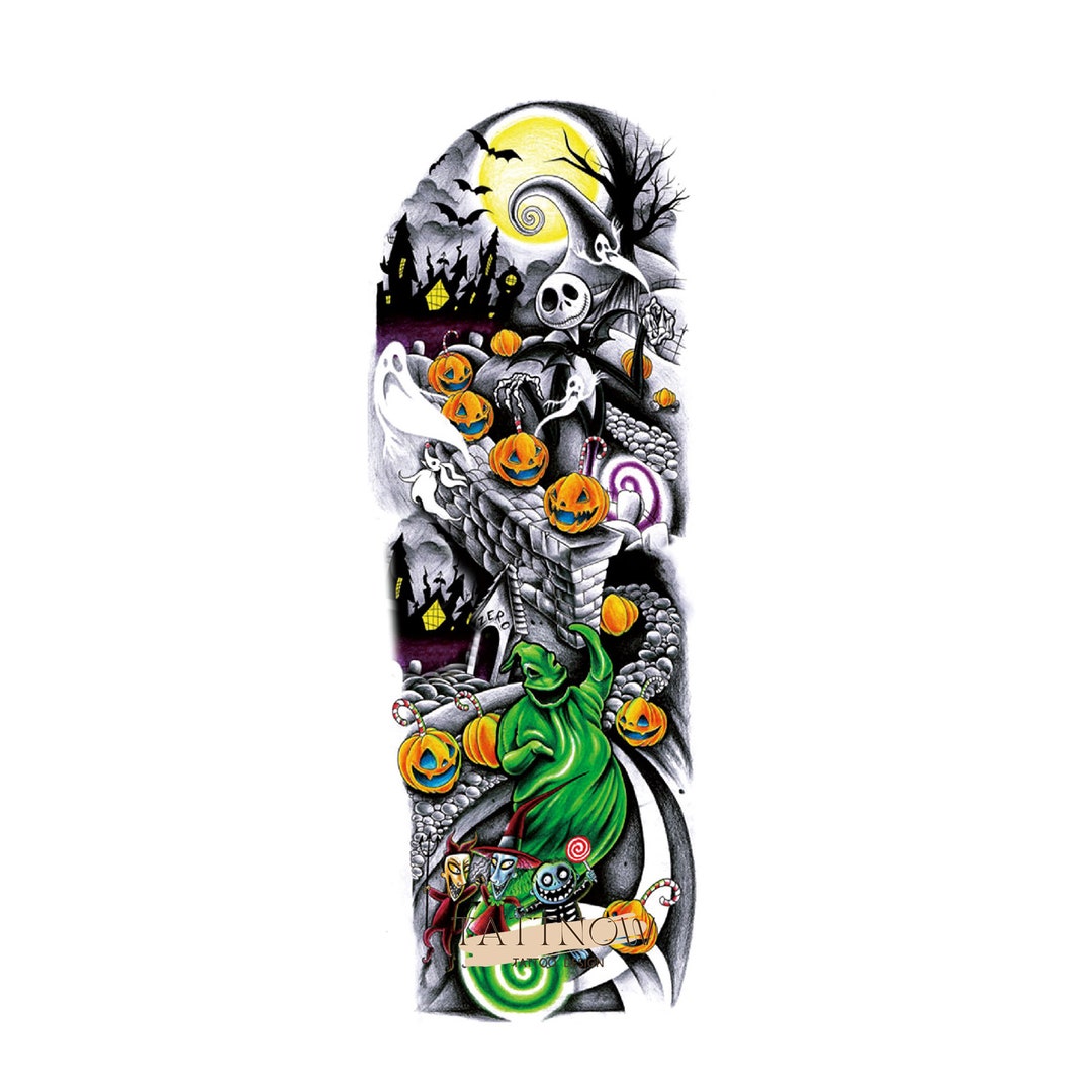 Halloween Large Temporary Tattoo | Pumpkin Skull Full Sleeves Temporary ...