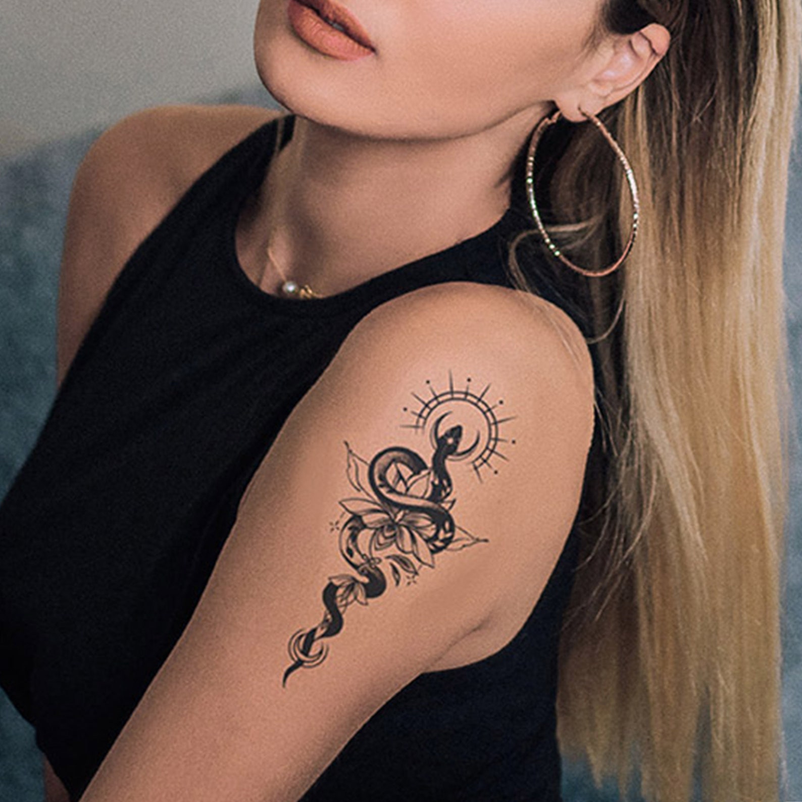 Snake Semi-permanent Tattoo | Lotus Half Sleeve Temporary Tattoo ...