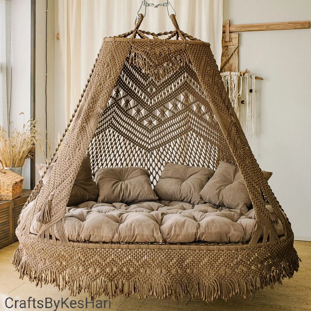 Beige Macrame Double Seat Swing, Macrame Swing Chair, Macrame Bed, Hammock Swing, Hanging Bed ...