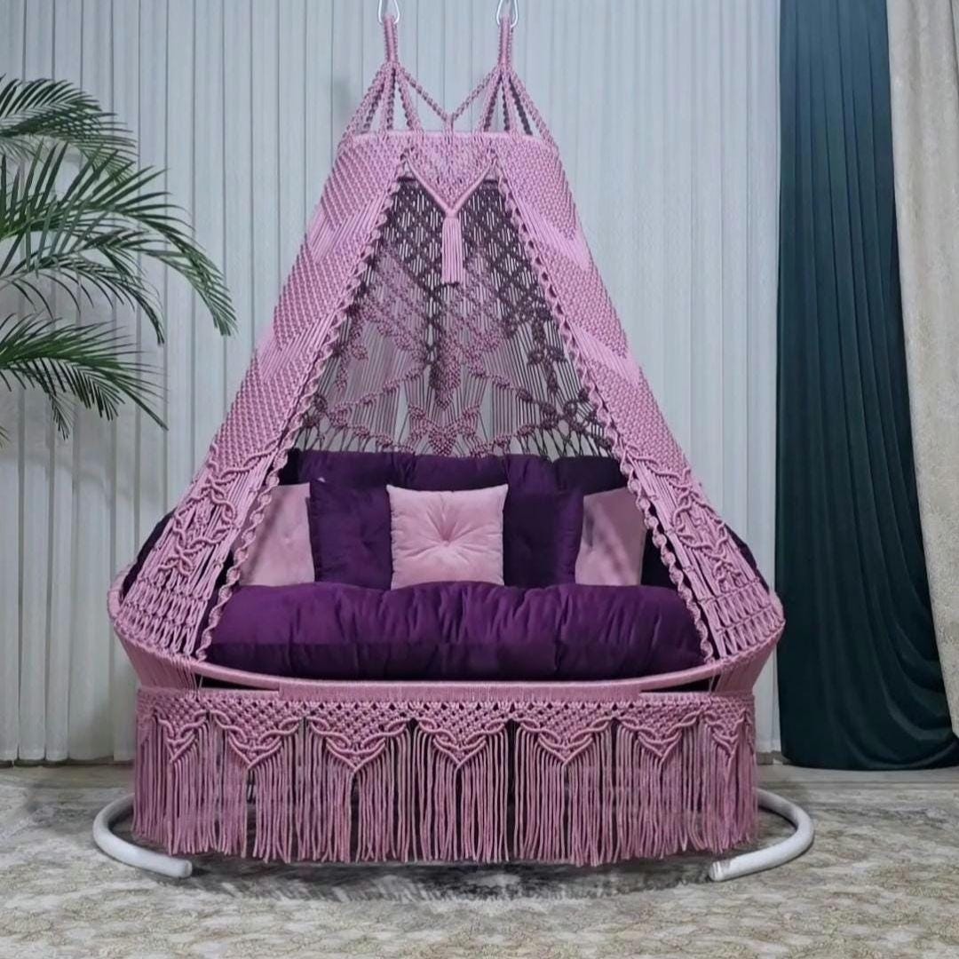 Pink Macrame Double Seat Swing, Macrame Swing Chair, Macrame Bed, Hammock Swing, Hanging Bed ...