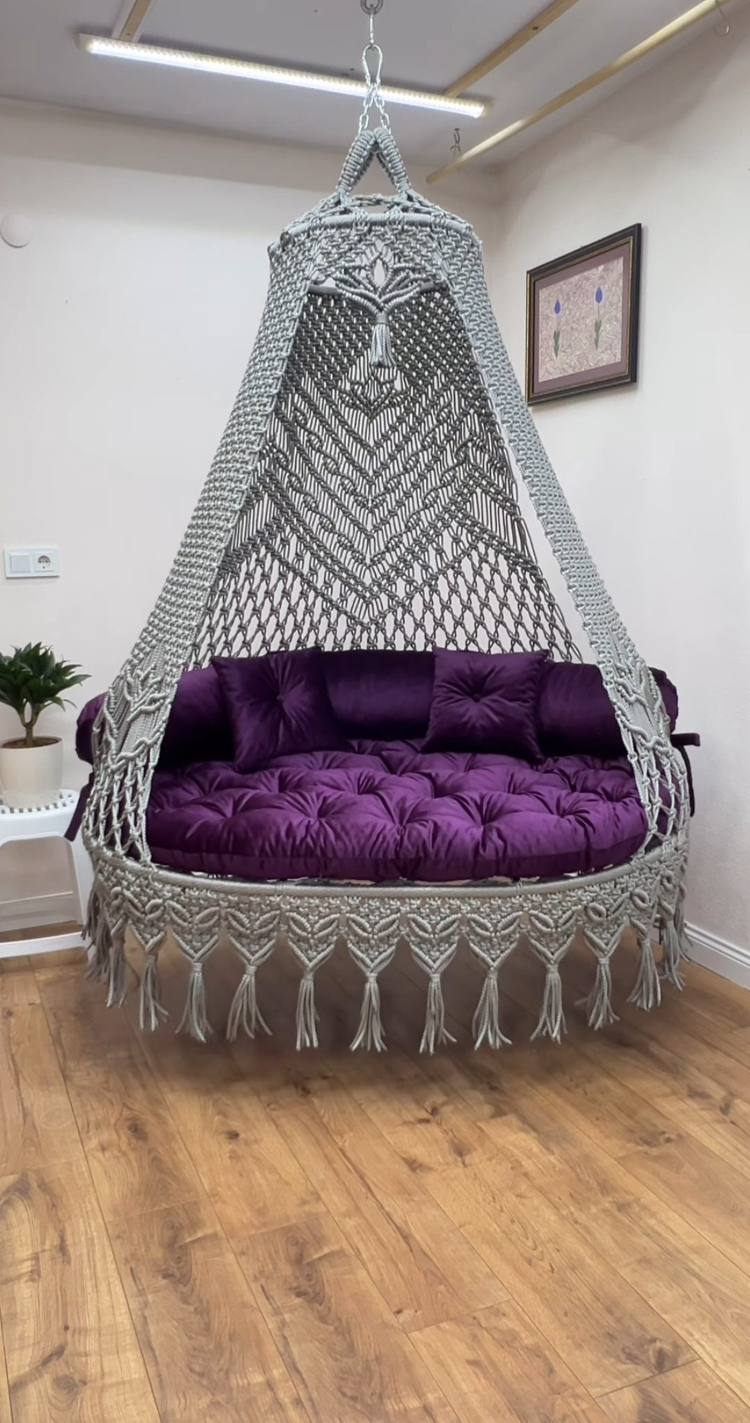 Grey Macrame Double Seat Swing, Macrame Swing Chair, Macrame Bed, Hammock Swing, Hanging Bed ...