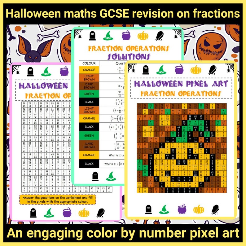Halloween Color by Number - Fractions Pixel Art (GCSE Revision) - Etsy