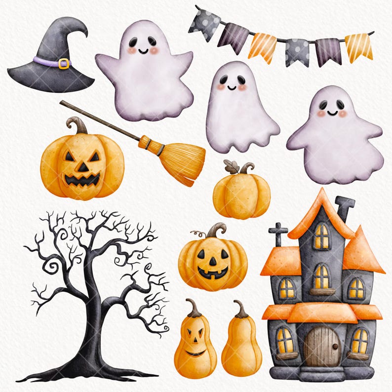 Spooky Watercolor Halloween Clipart – Floating Ghost, Pumpkin, Haunted ...