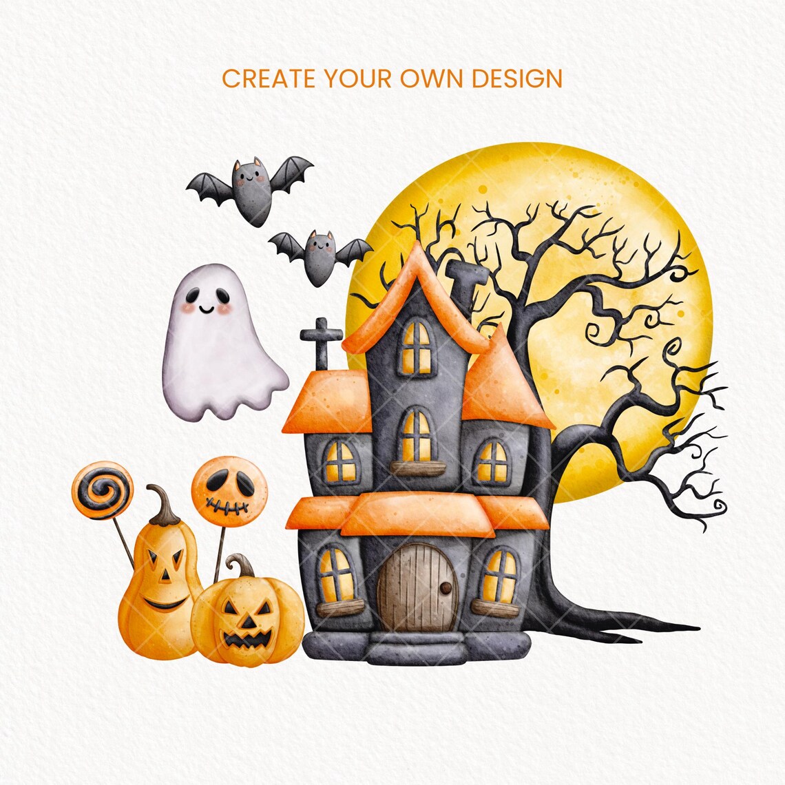 Spooky Watercolor Halloween Clipart – Floating Ghost, Pumpkin, Haunted ...