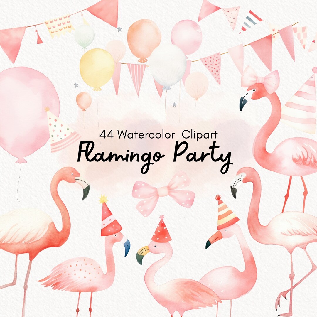 Watercolor Pink Flamingo Party Theme Clipart, Kids Celebrate, Cute ...