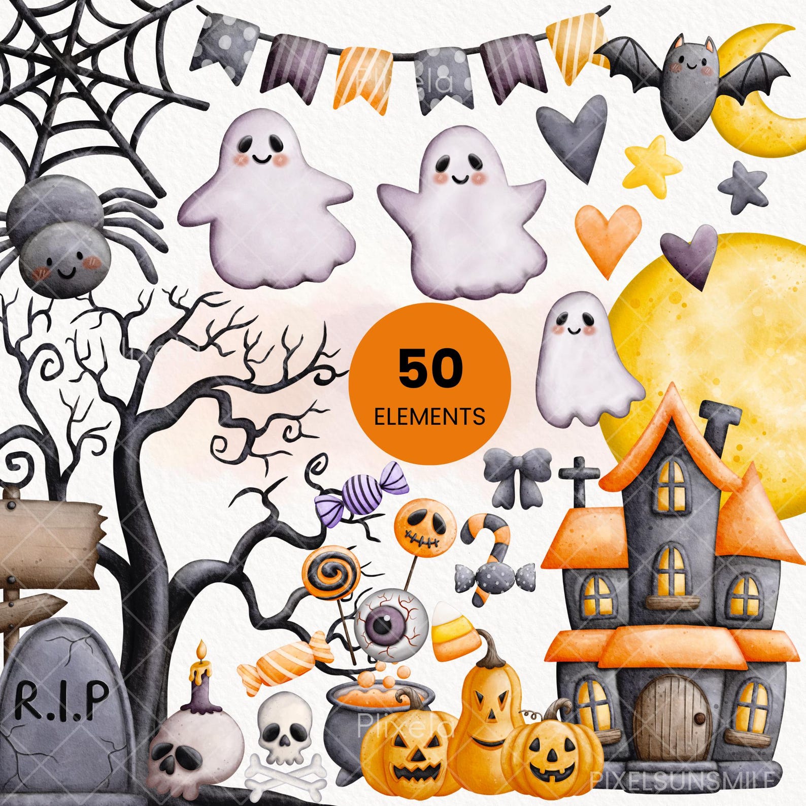 Spooky Watercolor Halloween Clipart – Floating Ghost, Pumpkin, Haunted ...