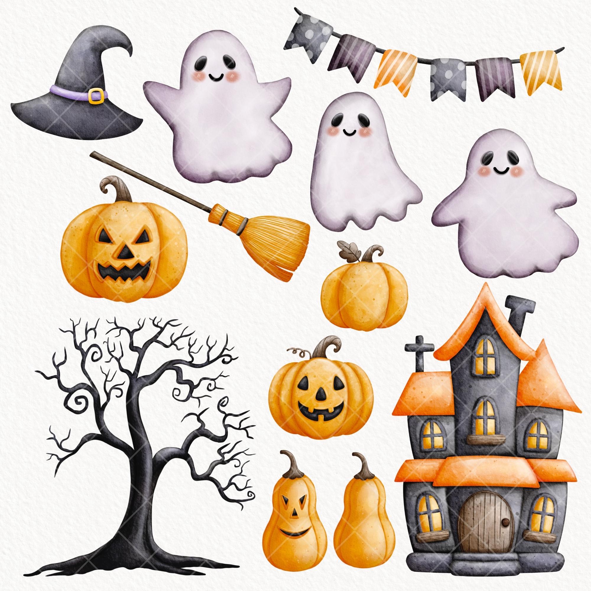Spooky Watercolor Halloween Clipart Hand-painted Set, Floating Ghost ...