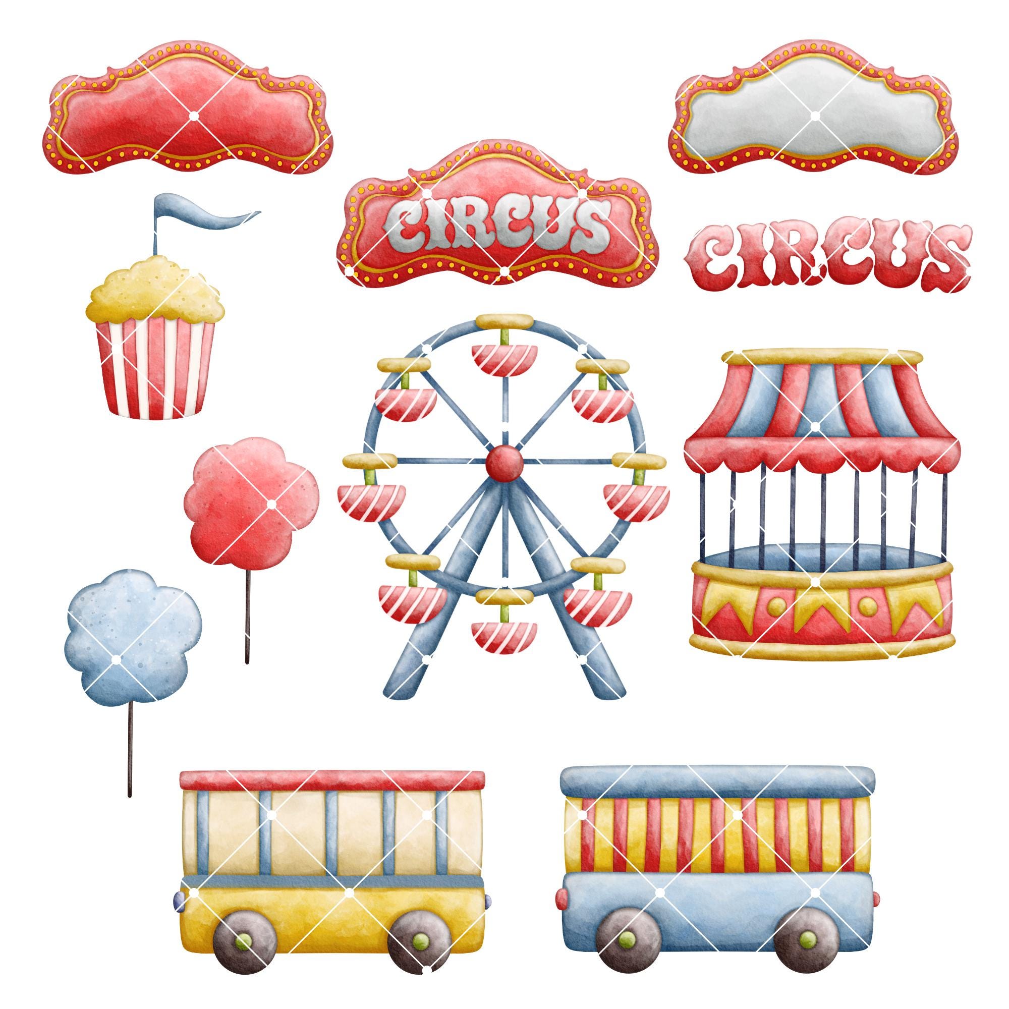 Watercolor Circus Clipart Set | Carnival PNG | Clowns, Tent, Ferris ...