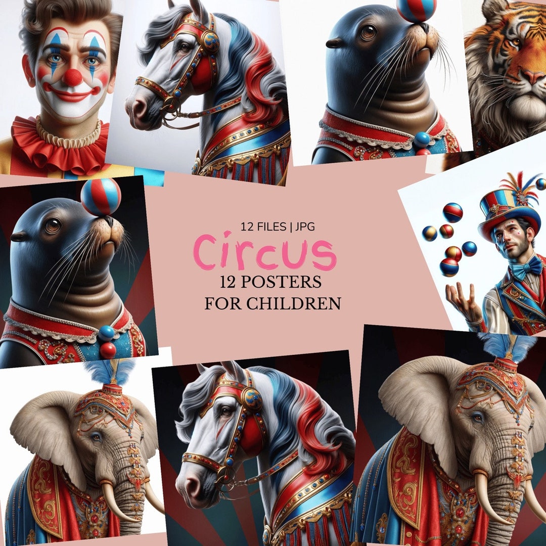 Set of 12 Digital Prints , Circus, Elephant, Clown, High Quality ...
