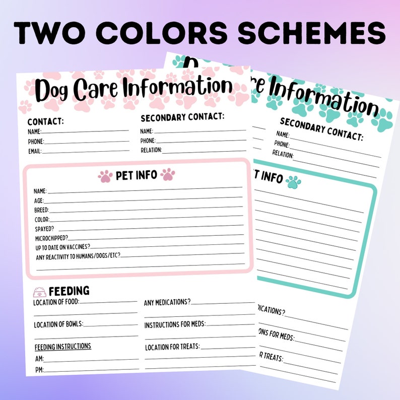Pet Information Printable, Dog Sitter, Printable, Instant Download, Dog ...