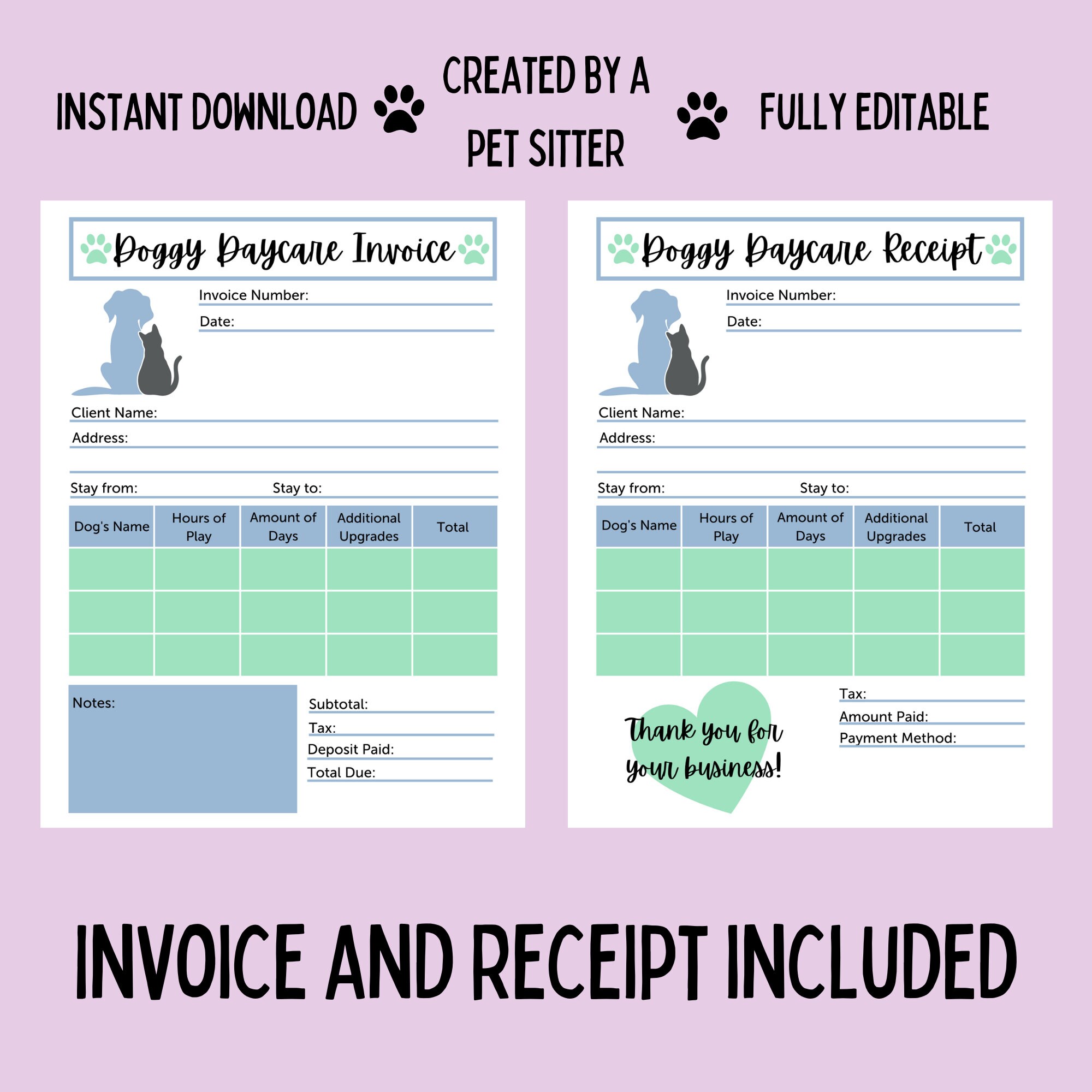 Dog Boarding and Daycare Invoice and Receipt, Pet Sitting Invoices, - Etsy