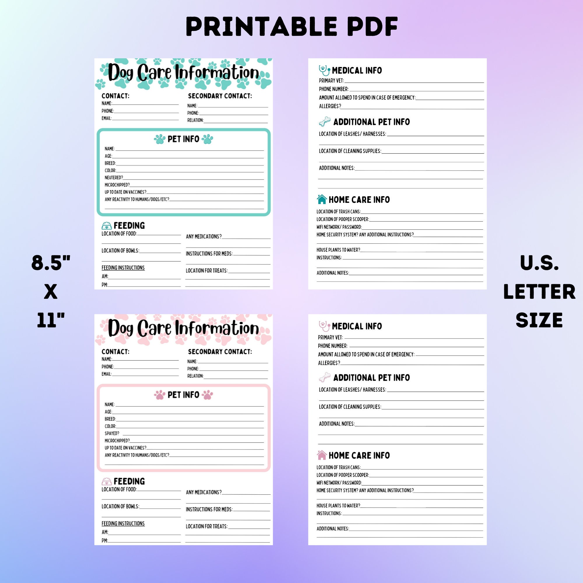 Pet Information Printable, Dog Sitter, Printable, Instant Download, Dog ...