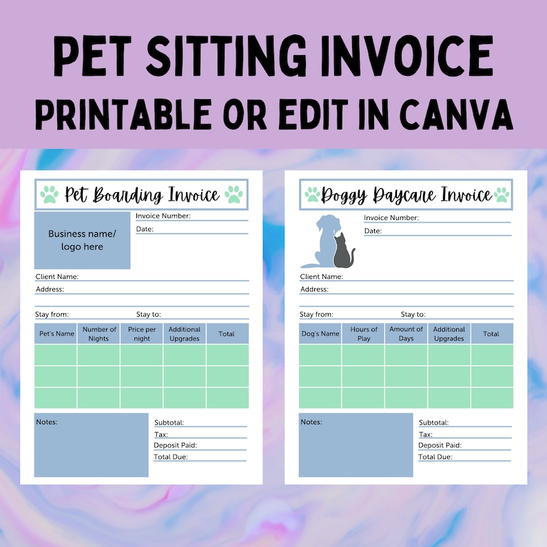 Dog Boarding and Daycare Invoice and Receipt, Pet Sitting Invoices, - Etsy