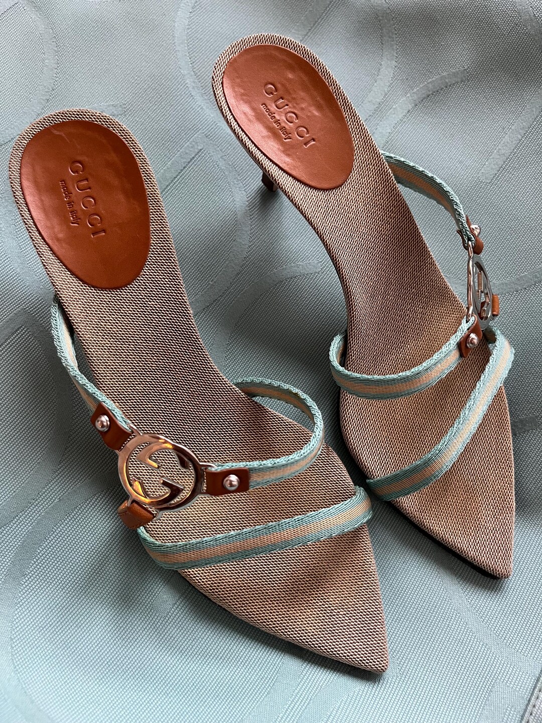 Vintage Gucci Heels Strappy Baby Blue Beige Silver GG Logo Tom Ford Era ...