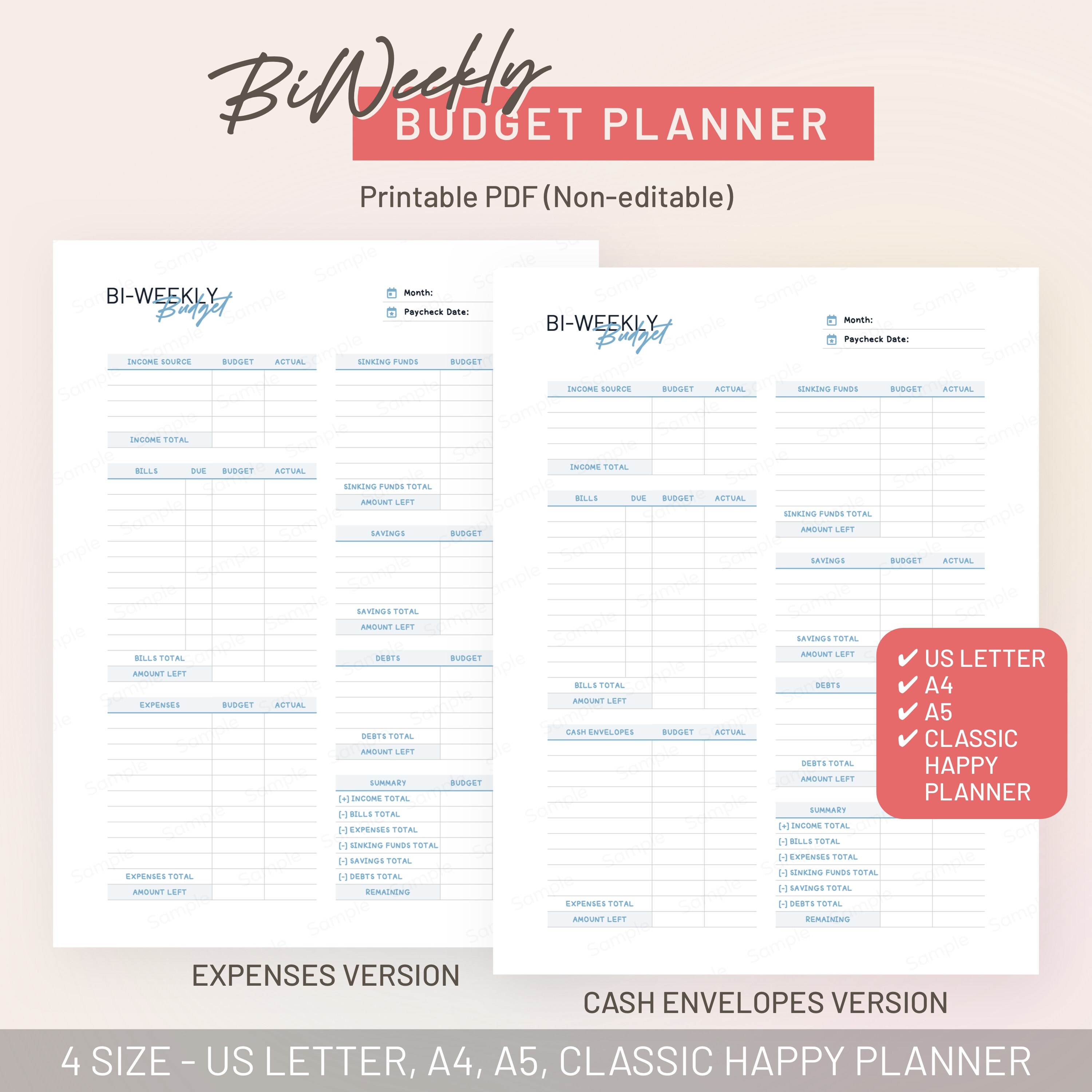 Bi-weekly Budget Planner, Printable PDF, Budget by Paycheck, US Letter ...