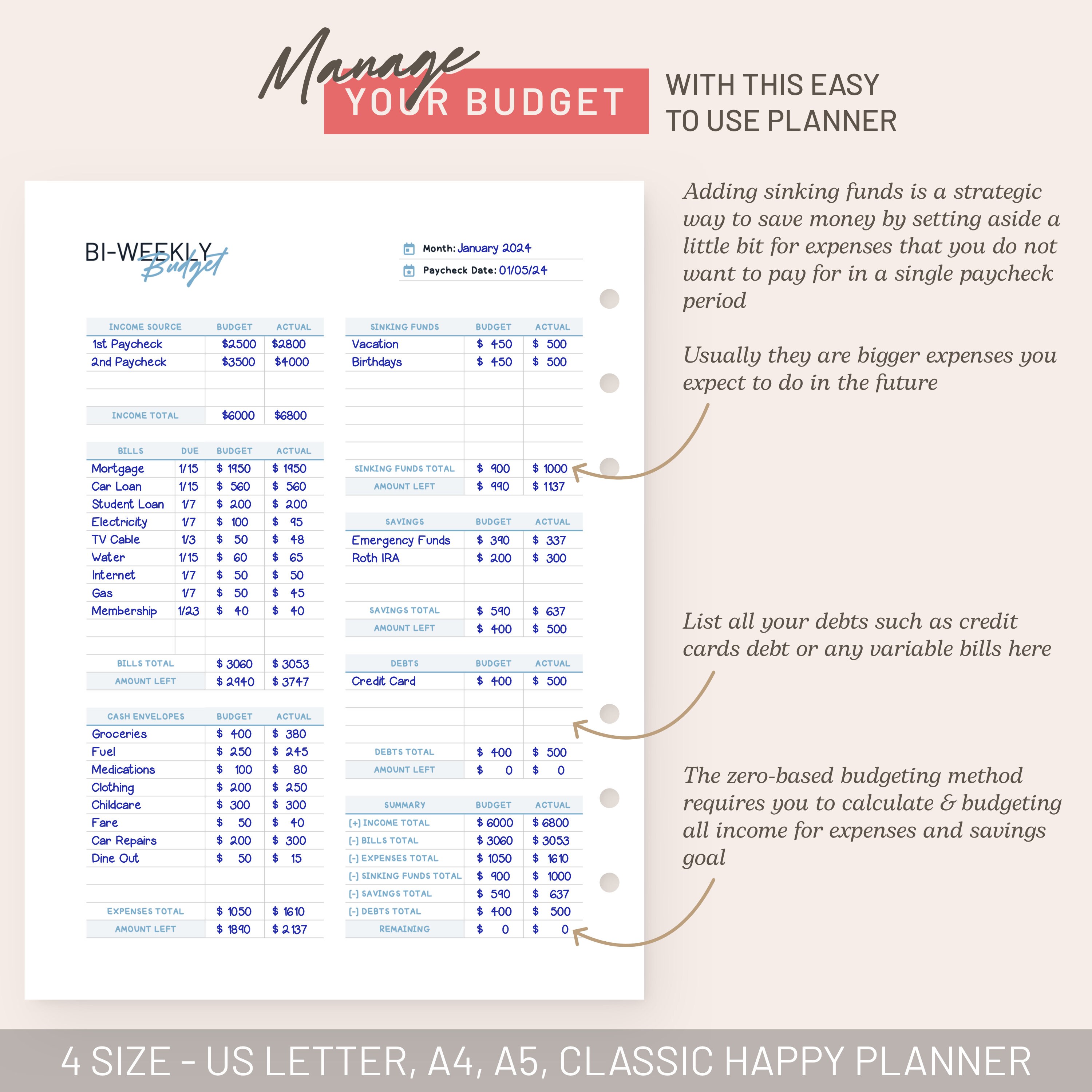 Bi-weekly Budget Planner, Printable PDF, Budget by Paycheck, US Letter ...