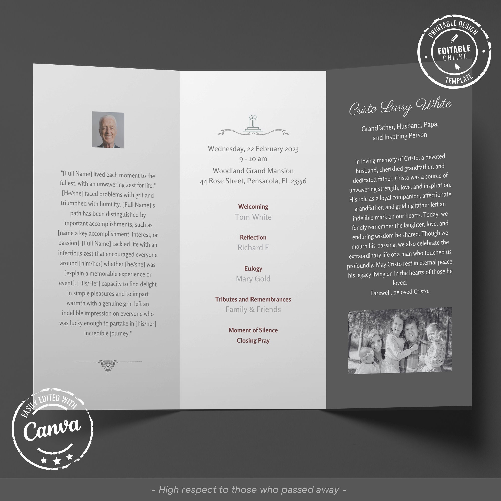 Classic Funeral Memorial Program, Simple Funeral Program Template ...